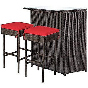 Tangkula Patio Bar Set, 3 Piece Outdoor Rattan Wicker Bar Set with 2 Cushions Stools & Glass Top Table, Outdoor Furniture Set for Patios Backyards Porches Gardens Poolside (Red)