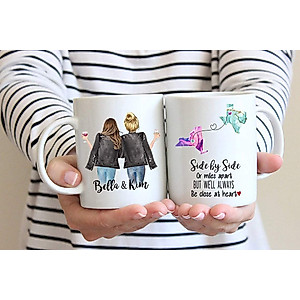 Custom Long Distance Friendship Mug, Side by Side or Miles Apart Coffee Mug, Personalized Going Away Gift for Sister, Best Friend, Choose Names & States, 11 or 15 oz
