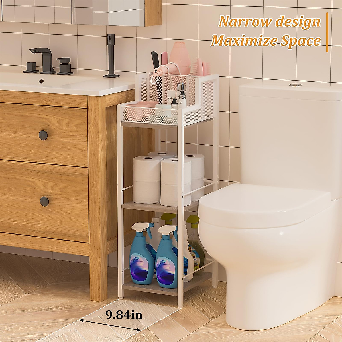 Yuyetuyo Hair Tool Organizer Bathroom Storage Shelf 3-Tier Hair Dryer Holder with 3 Grids - Makeup Organizer Slim Floor Stand, Cosmetic Shelf Flat/Curling Irons Hair Straighteners Holder -White