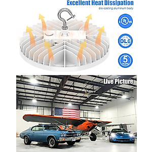 KUKUPPO 4 Pack LED High Bay Light 240W 190W 140W Adjustable, 3000K 4000K 5000K Adjustable UFO Bay Light with 5' Cable and Plug, 0-10V Dimmable AC100-277V UL&DLC Listed, White