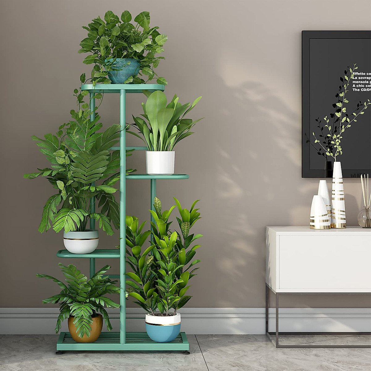 LINZINAR Plant Stand Metal 4 Tier 5 Potted Multiple Flower Pot Holder Shelf Indoor Outdoor Planter Display Shelving Unit for Patio Garden Corner Balcony Living Room (4 Tier 5 Potted, Light Green)