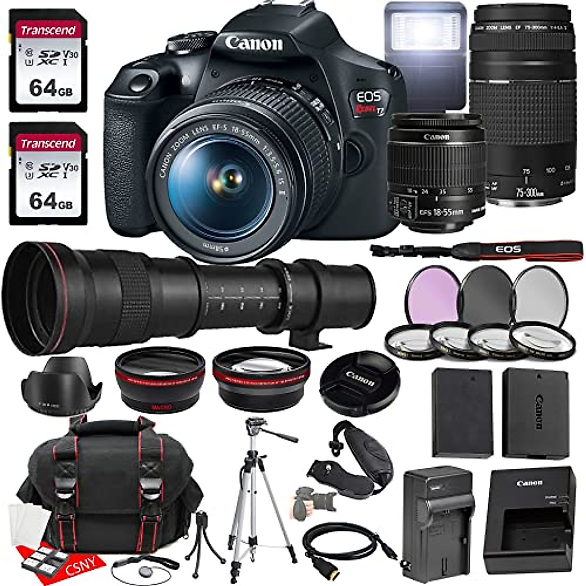 Canon EOS Rebel T7 DSLR Camera w/EF-S 18-55mm f/3.5-5.6 is II Lens + 75-300mm F/4-5.6 III Lens + 420-800mm f/8.3 HD Telephoto Lens + 2X 64GB Memory + Case + Filters + Tripod + More (35pc Bundle)
