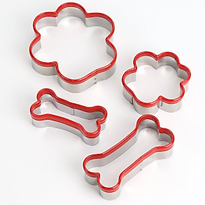 4 Pcs Dog Bone and Dog Paw Cookie Cutters, Dog Treats Cookie Cutter, Dog Bone Shapes Cutters, Homemade Dog Biscuit Treats Cutters, Coated with Soft PVC for Protection