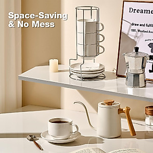 Mfacoy 8 Ounce Porcelain Cappuccino Cups with Saucers and Metal Stand, Stackable Coffee Cups for Specialty Coffee Drinks, Cappuccino, Latte, Espresso, Americano and Tea - White Cups Set of 4