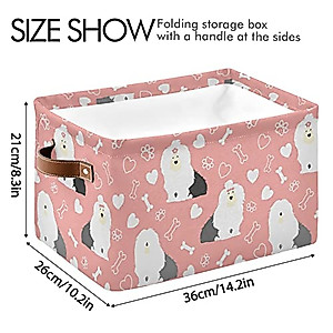 susiyo Pink Old English Sheepdog Open Storage Bins 1 Pack, Large Canvas Storage Baskets with PU Handles Collapsible Storage Box Organizers for Home Closet Nursery Toys Dorm Office Laundry