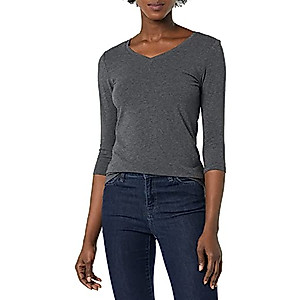 Amazon Essentials Women's Classic-Fit 3/4 Sleeve V-Neck T-Shirt (Available in Plus Size), Charcoal Heather, XX-Large