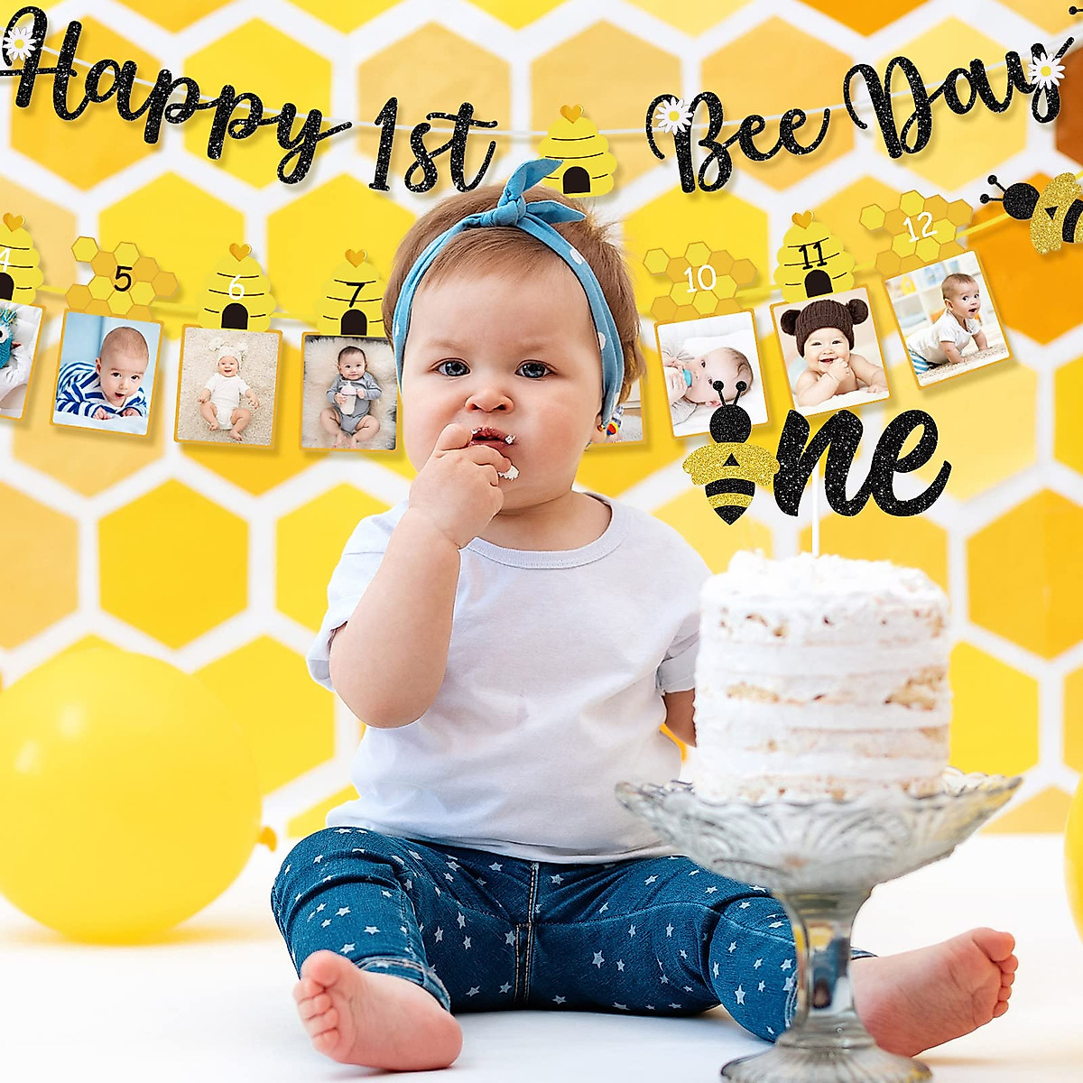 3 Pcs Happy 1st Bee Day Party Decorations, Bumble Honey Bee 1st Birthday Baby Photo Banner and Cake Topper, Bee Decorations Bee Birthday Party Decorations Bee Cake Decorations for Boys Girls Newborn