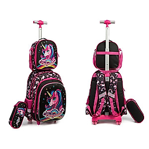 3 PCs Rolling Backpack with Lunch Bag Pencil Case, 16 inch Lightweight Roller Backpacks for Girls Elementary, PU Leather Backpack with Wheels for School Travel, 4+ years old, Black Unicorn