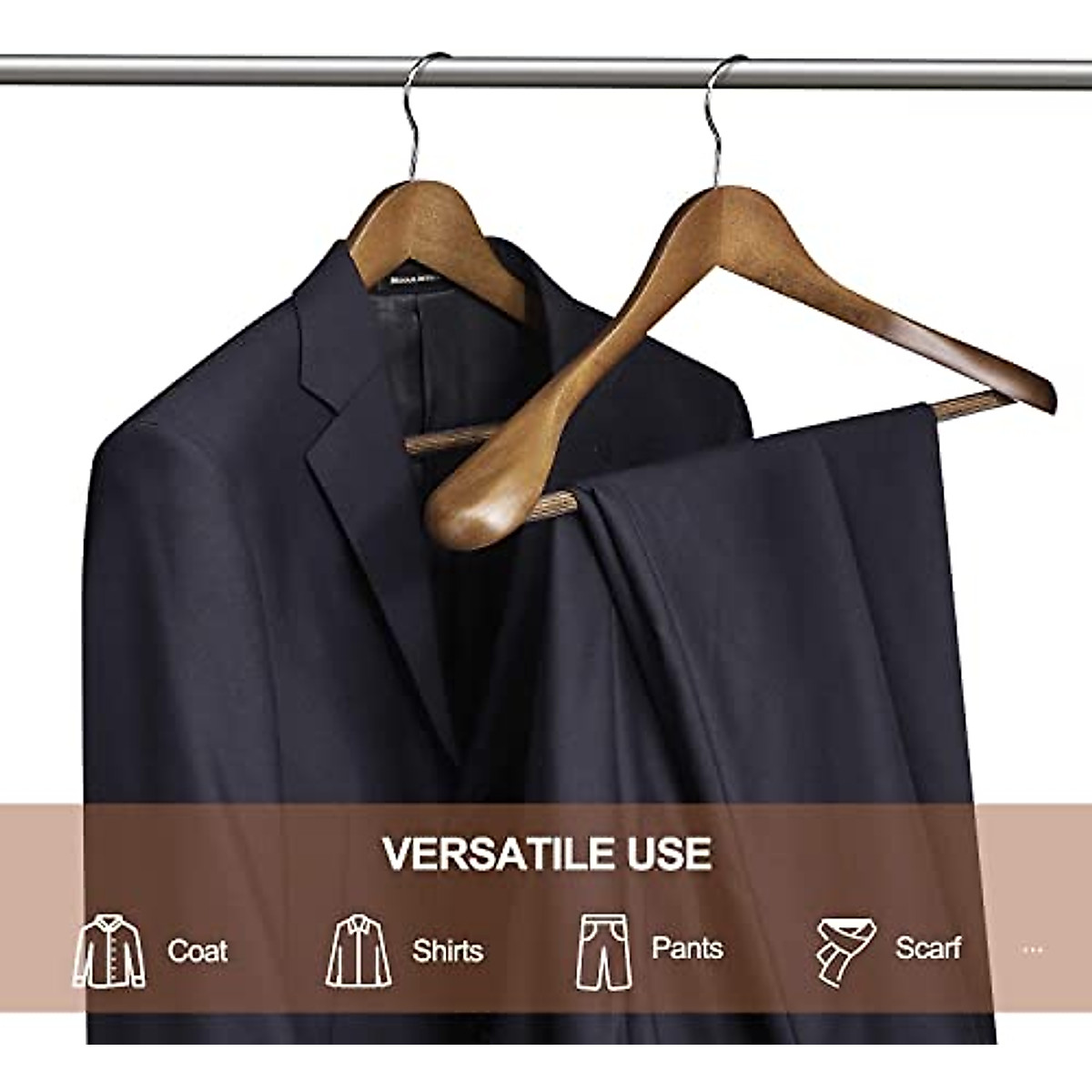 HOUSE DAY Wide Shoulder Wooden Hangers, Suit Hangers with Non Slip Pants Bar, Smooth Finish 360° Swivel Hook Solid Wood Coat Hangers for Dress, Jacket, Pants, Heavy Clothes Hangers 6 Pack (Walnut)