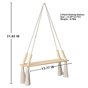 Artilady 2 Pack Wooden Wall Hanging Shelves - Macrame Hanging Plant Shelf with Tassel,Boho Storage Floating Shelves Handmade Rustic Hanger Planter Rack Pot Stand Holder (2 Tassel)