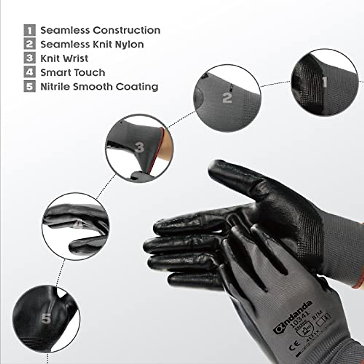 ANDANDA Work Gloves, Smart Touch, 3D Comfort Stretch Fit, Nitrile Coated Work Gloves with Grip, Seamless Knit Nylon Work Gloves Men Suitable for Warehousing, Logistics, Handling, Black（L）, 1 Pair