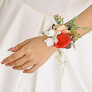 Campsis Wedding Bridal Handmade Wrist Flower Corsage Red Leave Ribbon Hand Flower Bride Bridesmaid Wristlet for Prom Party Beach Photography 2PCS