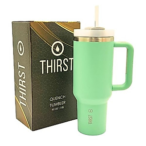 THIRST Quench H2.0 40 oz tumbler with handle and straw | Tumbler with lid and straw | Stainless-Steel Tumbler | Insulated Tumblers | Thermos for Hot and Cold Drinks | Cup | Water Bottle (Eucalyptus)
