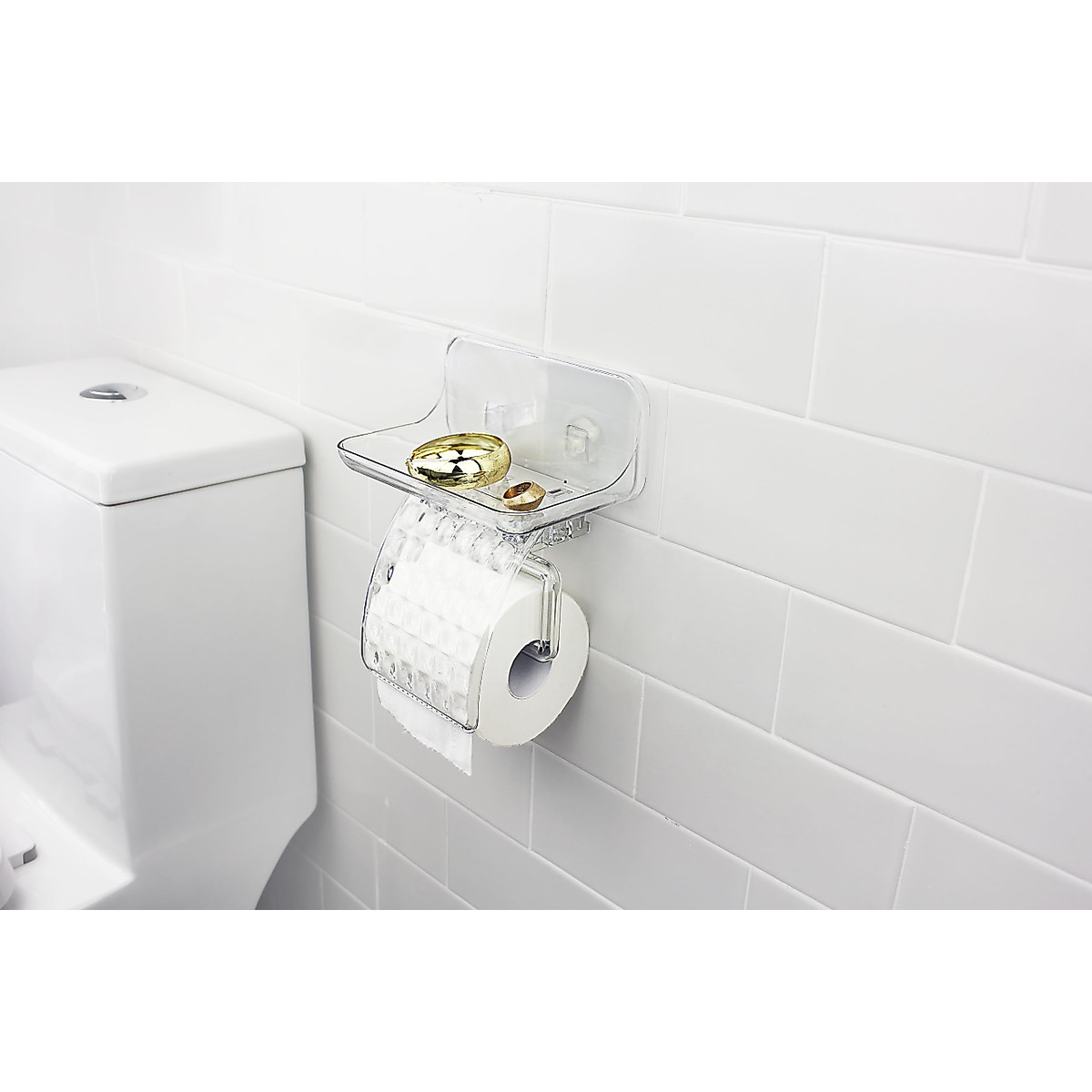 COLINCH Acrylic No Drill Toilet Paper Holder with Shelf - Splashproof, Cat-Proof Tissue Roll Holder, Adhesive Wall Mounted Bathroom Wipes Storage