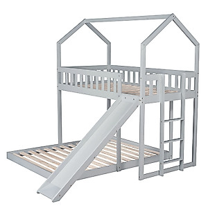 TARTOP Twin Over Full House Bunk Bed with Slide, Wood Floor Bunk Bed with Built-in Ladder, Full-Length Guardrail, for Kids Girls Boys,Gray
