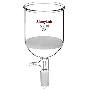 StonyLab Borosilicate Glass Buchner Filtering Funnel with Fine Frit(G3), 94mm Inner Diameter, 100mm Depth, with 24/40 Standard Taper Inner Joint and Vacuum Serrated Tubulation, 500ml