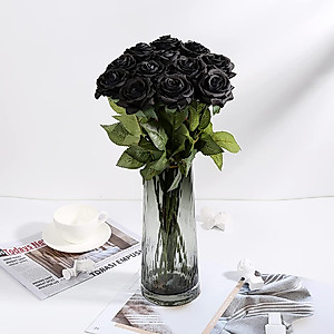 IPOPU Black Roses Artificial Flowers 12pcs Artificial Roses Real Touch Black Fake Silk Rose Flowers Floral Arrangement Faux Roses for Home Wedding Party Shop Garden Bridal Decorations DIY (Black)