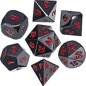Frienda Zinc Alloy Metal Polyhedral 7-die Dice Set Compatible with Dungeons and Dragons RPG Dice Gaming Math Teaching, D20, D12, 2 Pieces D10 (00-90 and 0-9), D8, D6 and D4 (Black and Red)