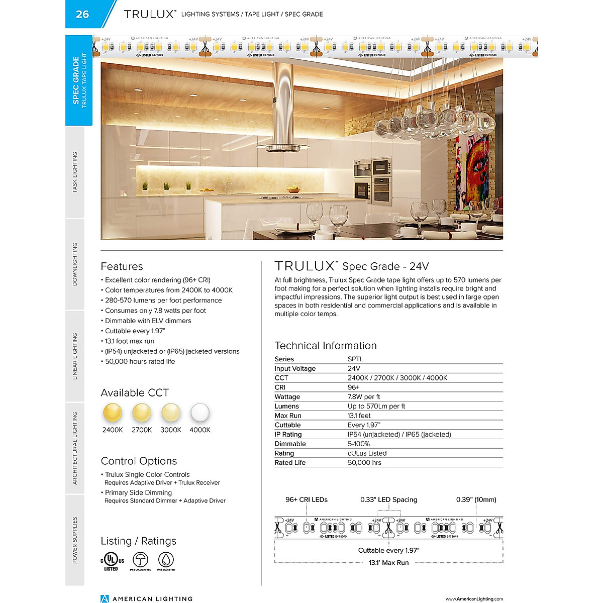TRULUX SPTL-WH-13-MASTER SPTL-WH-13 IP54 Spec Grade LED Tape Light Reel, Reel-13.1ft, White 4000K