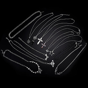 11Pcs Punk Vintage Necklace Set Goth Grunge Saturn Star Indie Butterfly Boho Crystal Y2k Cross Pendent Heart Wing Statement Choker for Women Men