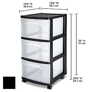 Generic Plastic Storage Drawer Cart, Medium Home Organization Storage Container with 3 Large Drawers w/Removeable Wheels, Black Frame with Clear Drawers and Black Casters, Set of 2 (Black)