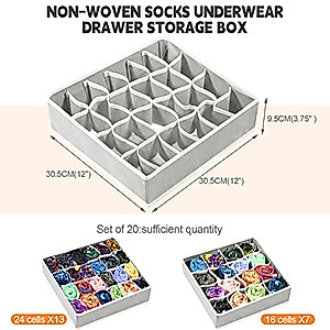 Nuanchu 20 Pack Socks Underwear Drawer Organizer Dividers (24+16 cells) Foldable Dresser Drawer Organizers Fabric Closet Drawer Organizers Storage Boxes for Socks Underwear Panties Ties Lingerie, Gray