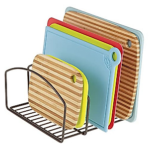 mDesign Steel Cookware Holder, Storage Organizer Rack with Three Slots for Kitchen Cabinet, Pantry, Holds Pans, Pots, Lids, Cookie Sheets, Cutting Boards - Concerto Collection - Bronze