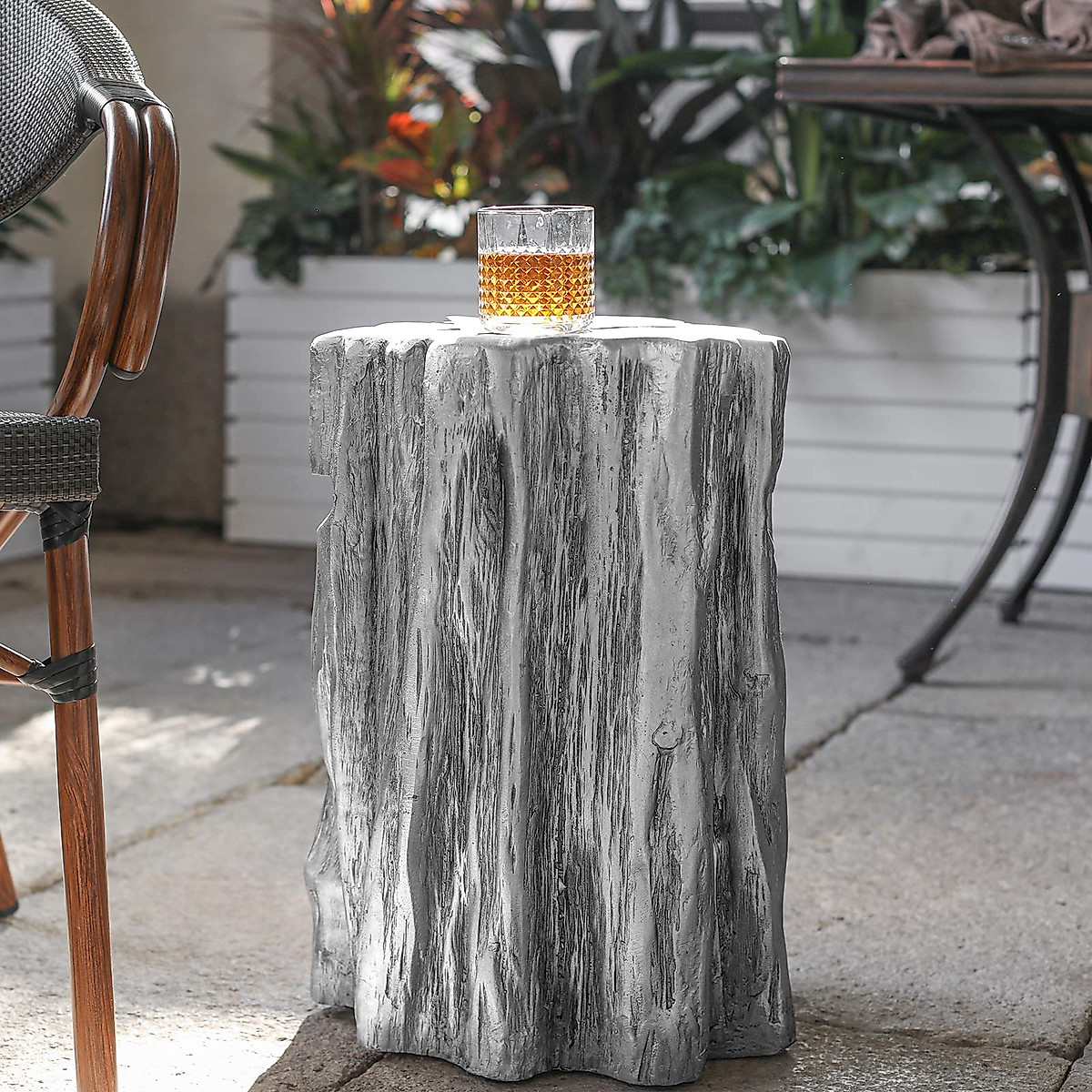 Tree Stump Trunk Side End Table, Faux Wood Patio Table, Garden Stool, Plant Stand, for Indoor Outdoor Courtyard Living Room, 14"X14"X20", Silver