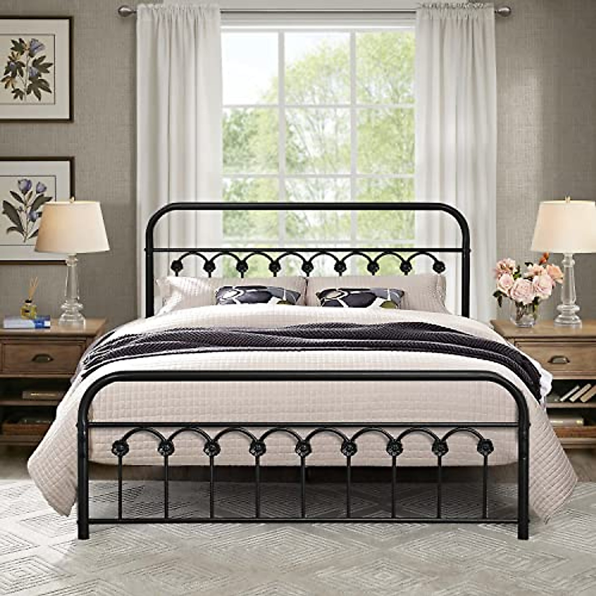 VECELO Bed Frame, Queen Size Metal Platform with Headboard & Footboard, Premium Steel Slat Support Mattress Foundation,No Box Spring Needed