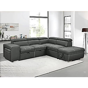 THSUPER 104'' Microfiber Sectional Sleeper Sofa with Pull-Out Bed, Sofa with Chaise & Storage Ottoman. 5 Seater L-Shaped Couch with Adjustable Headrest and Stools. Charcoal Grey