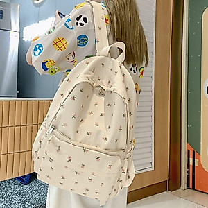 2023 Cute Preppy School Bag Floral Printed Kawaii Backpack Cottagecore Aesthetic Backpack BookBag Laptop Daypack (White)