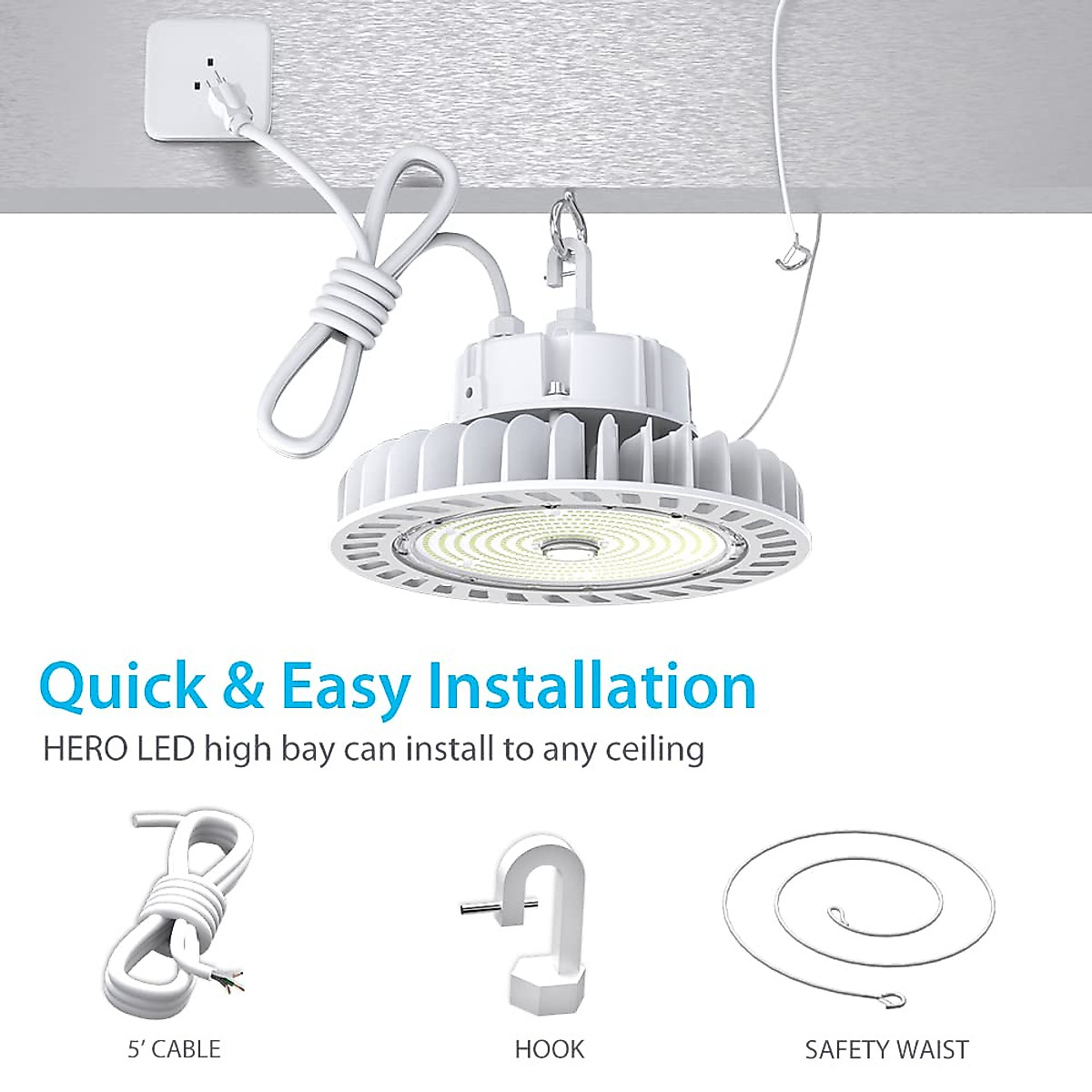 HYPERLITE High Bay Led Lights 150W 21,000LM(140lm/w) 5000K CRI>80 1-10V Dimmable UL Listed Hanging Hook Safe 5' Cable with 110V Plug UFO High Bay Light for Shopping Mall Warehouse