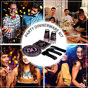 50th Birthday Pink Gold Party Supplies, Disposable Tableware for 16 Guest, Include 7” Paper Plates,9” Plates, Banner, 12 oz Cups, Napkins, Tablecloth, Cutlery…