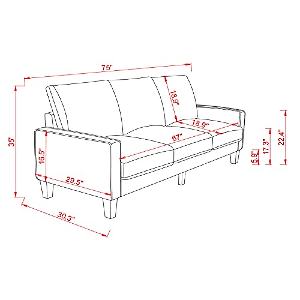 HomSof Mid Century Modern Couch, 75 inch Sofa with Solid Wood Legs and Comfort Armrest for Compact Living Room or Apartment, Beige, 3-Seater