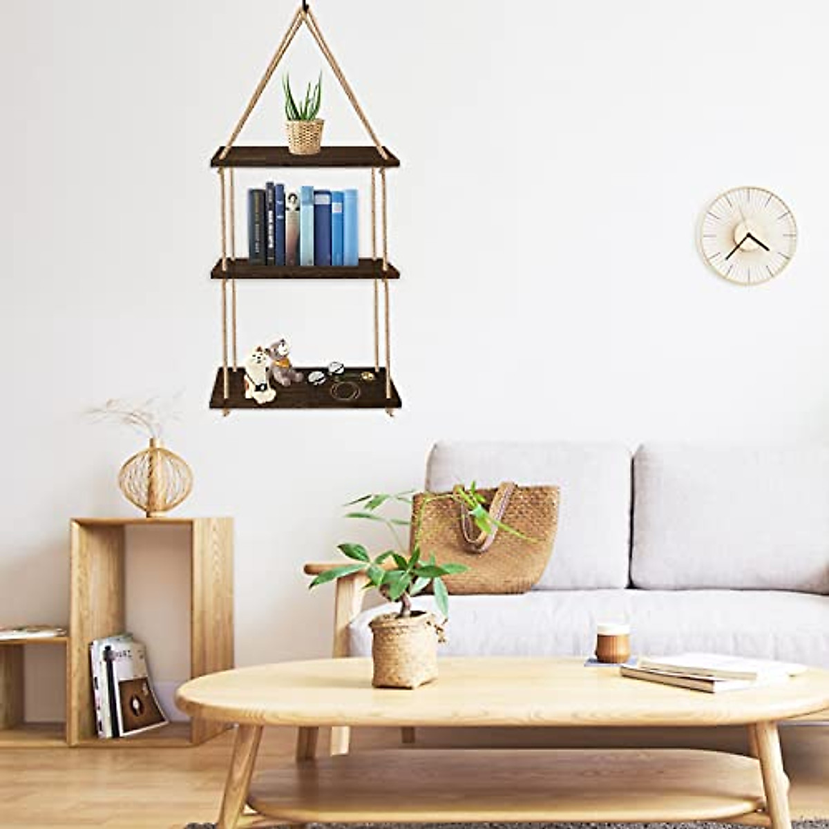 Iwaiting Outdoor Hanging Shelves for Wall, 3 Tier Antique Wood Floating Hanging Shelf with Handmade Twine Weaving Process, Suitable for Bedroom Living Room Bathroom Hanging Window Plant Shelves Decor