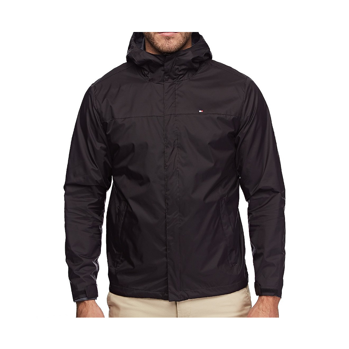Tommy Hilfiger Men's Lightweight Breathable Waterproof Hooded Jacket, Black, Large