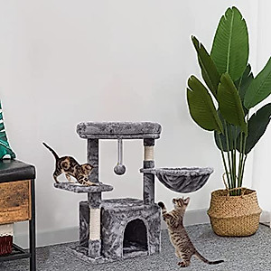 SYANDLVY Cat Tree for Indoor Cats, Activity Tower with Scratching Posts & Board, Modern Kitten Condo with Plush Perch, Hammock & Hanging Ball for Play (Light Grey)