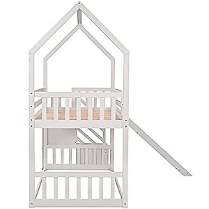 BOVZA Twin Over Twin House Bunk Bed with Convertible Slide, Wood Bunk Bed Frame with Stairs and Roof for Kids, Teens, Girls, Boys, White
