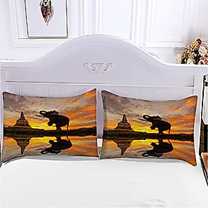 Quilt Cover Twin Size Ancient Pagoda in Thailand 3D Bedding Sets Elephant Duvet Cover Breathable Hypoallergenic Stain Wrinkle Resistant Microfiber with Zipper Closure,beding Set with 2 Pillowcase