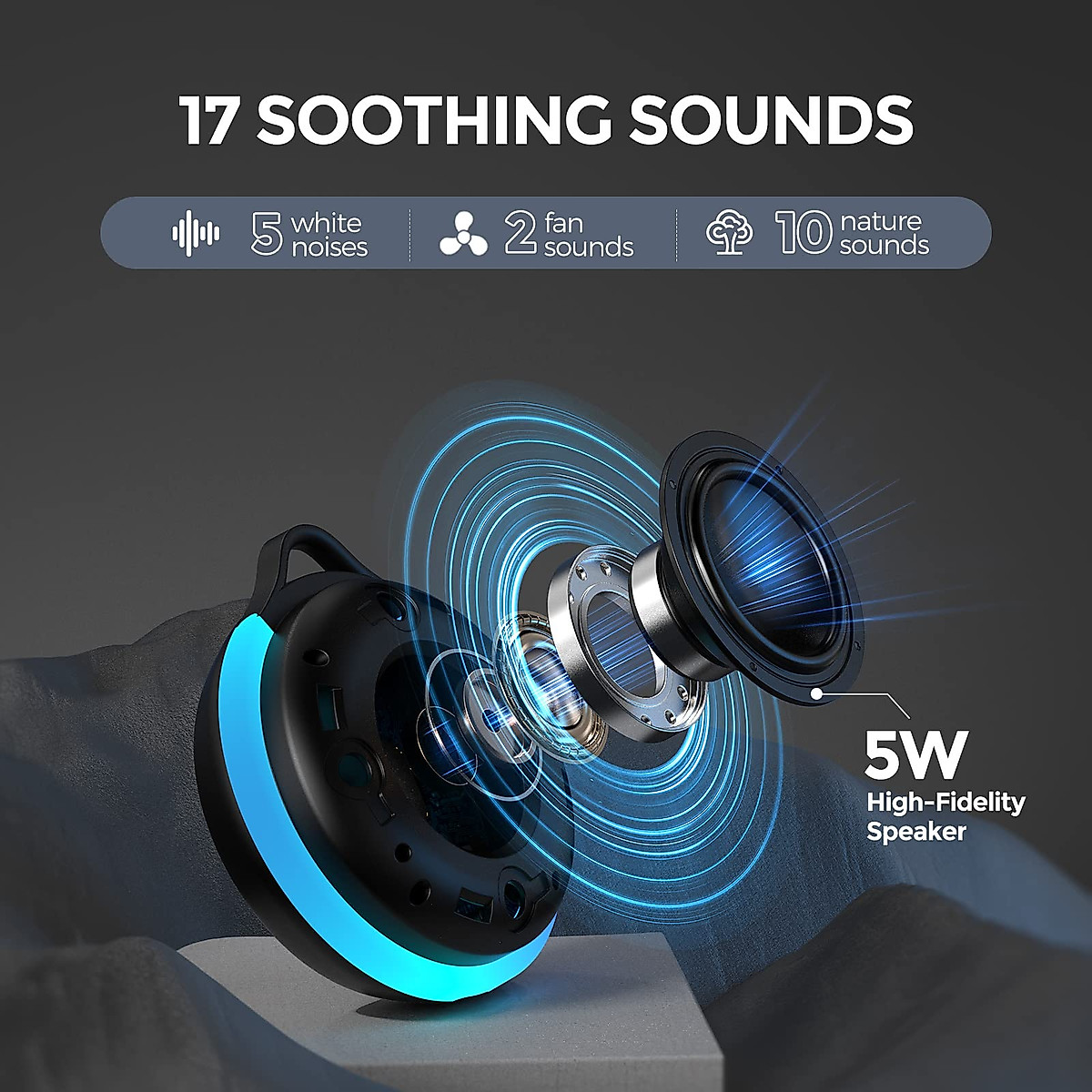 Buffbee Portable Sound Machine - Travel Compact Size, 17 Soothing Sound, 8 Night Light, USB Rechargeable White Noise Machine for Sleeping On-The-Go