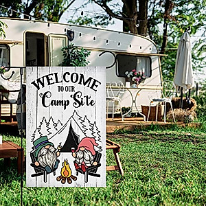 Louise Maelys Camping Camper Gnome Garden Flag for Campsite Vertical 12x18 Double Sided, Welcome to Our Camp Site Small Camping Flags Outdoor Fire Pit Camper Camping Campsite Decoration (ONLY FLAG)