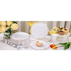 Nervure 100PCS White and Gold Plastic Plates - 7.5inch Gold Disposable Plates - Heavyweight Gold Plastic Plates - Gold Dessert Plates for Wedding & Party & Christmas