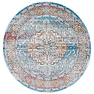 SAFAVIEH Aria Collection 6'5" Round Turquoise / Light Orange ARA191K Boho Chic Medallion Distressed Non-Shedding Dining Room Entryway Foyer Living Room Bedroom Area Rug