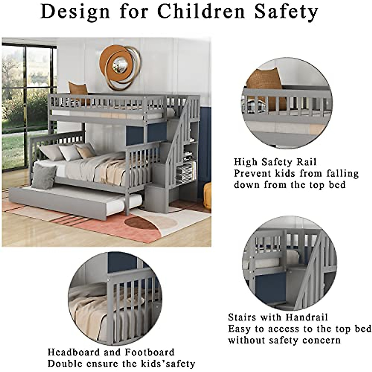 Baysitone Bunk Bed, Bunk Beds Twin Over Full Size, Bunk Bed with Trundle and Stairs, Solid Wood Bunk Bed Frame with 4 Storage for Kids, Girls, Boys, Toddler, No Box Spring Needed (Gray)