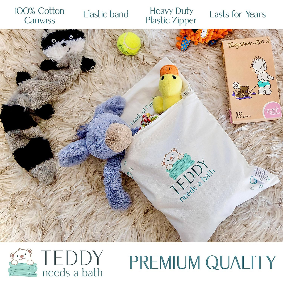 Teddy Needs A Bath! Premium Quality Washer Bag/Dryer Bag, Laundry Bag for Toys, Dolls, Plush Animals and Delicate Clothes, Suitable for Washer and Dryers, (20” x 30”) - 100% Cotton - Large