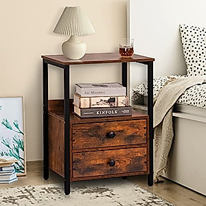 Lerliuo Nightstand, Side Table, Industrial Bedside Table with 2 Drawers and Open Shelf, Brown Night Stand, End Table with Steel Frame for Bedroom, Dorm, Brown/Black 23.6''H (Brown)