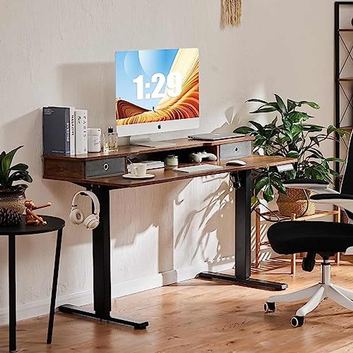 Sweetcrispy Electric Standing Desk Adjustable Height, 55 x 24 inch Stand up Sit Stand Desk with Drawers, Ergonomic Home Office Rising Table Computer Workstation with Storage Shelf, Rustic Brown