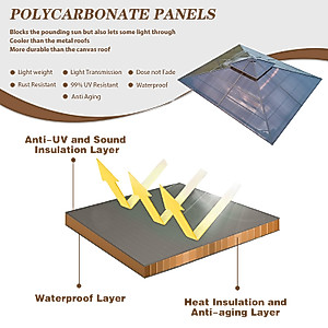 EROMMY 12'x12' Gazebo Polycarbonate Double Roof Pavilion Gazebo Outdoor Aluminum Frame Canopy with Netting and Curtains for Garden Patio Lawns Parties