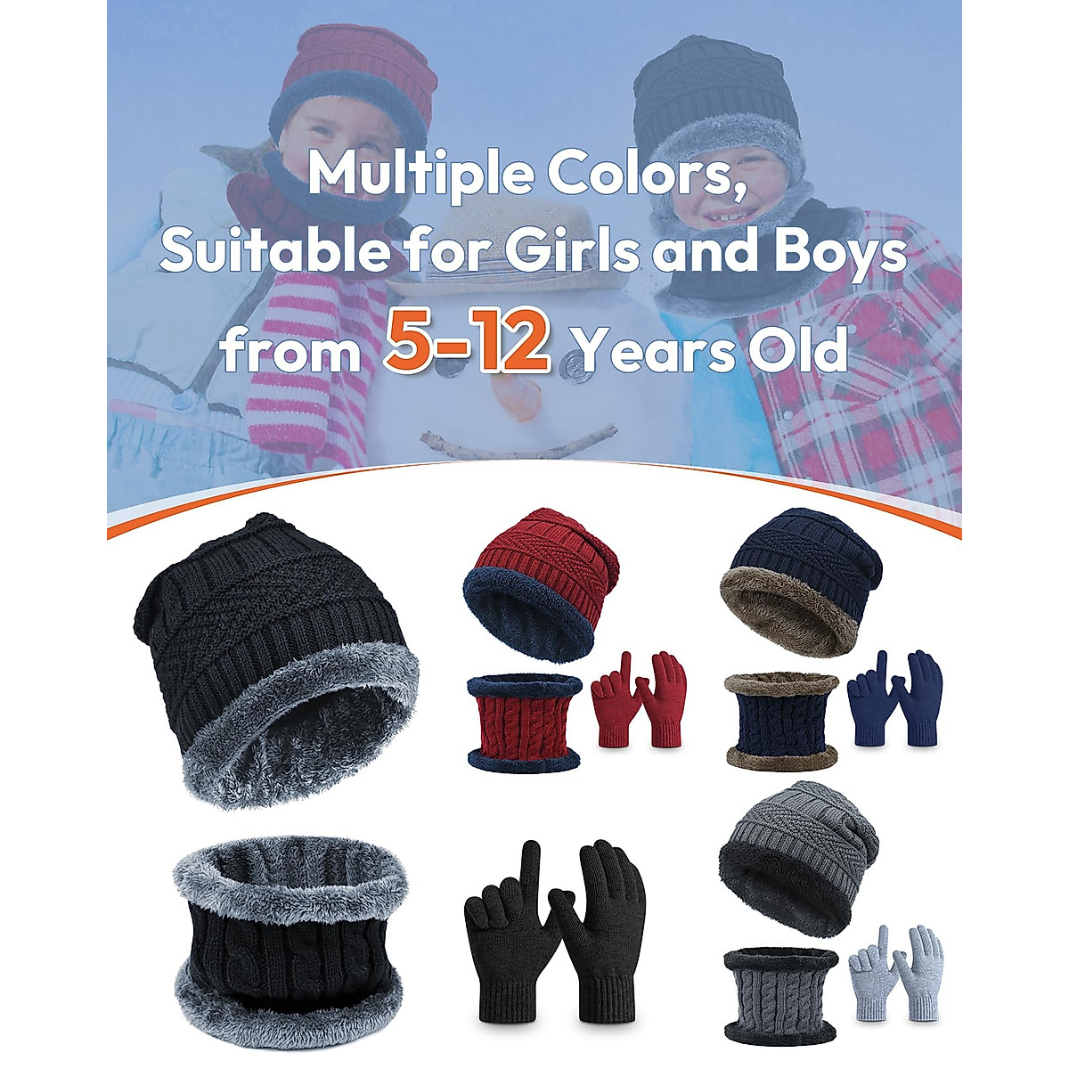 EAONE Kids Winter Hat Gloves Scarf Set, Knitted Toddler Beanie Cap, Mitten Gloves, and Neck Warmer for Boys Girls Aged 5-12