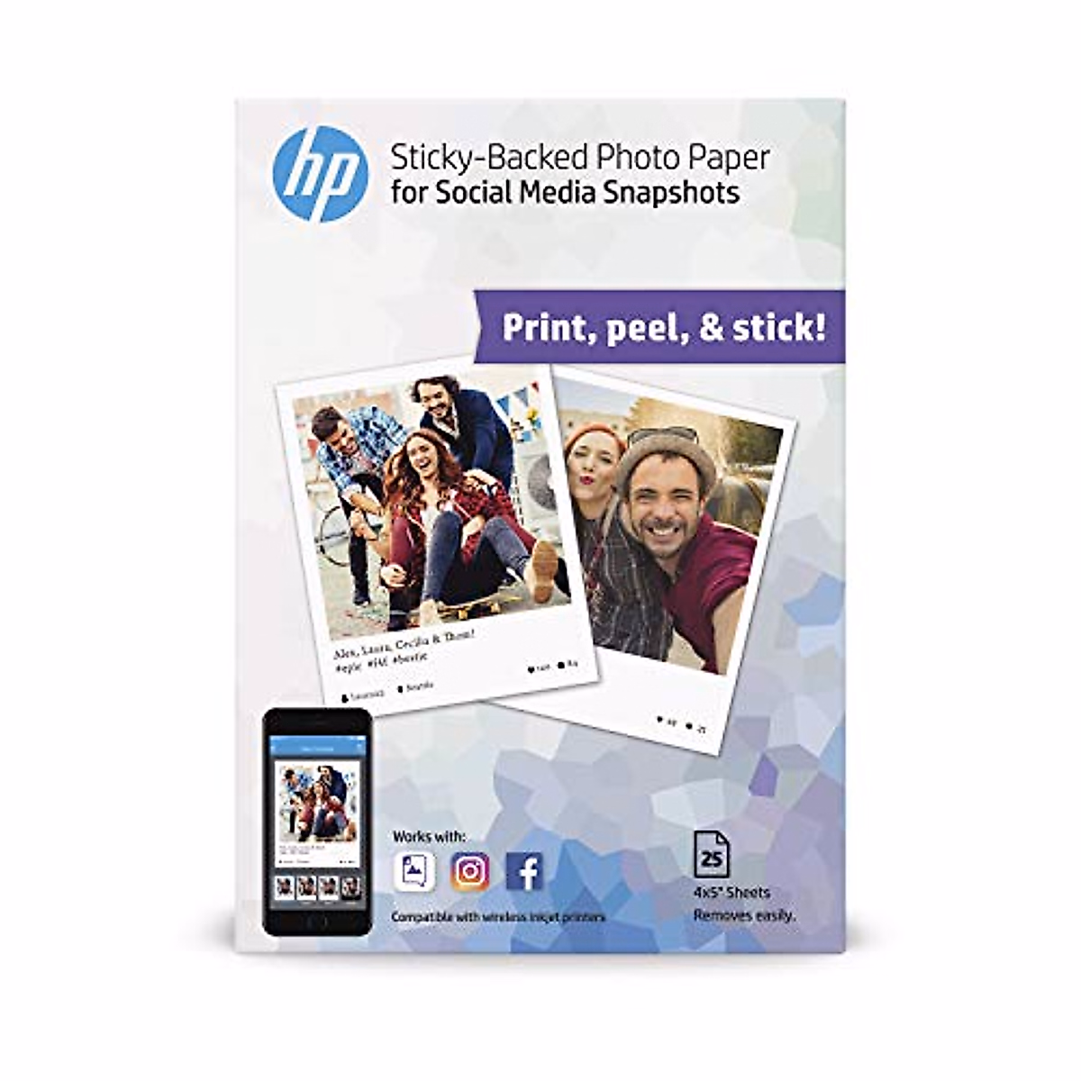 HP Photo Paper, Sticky Back Social Media Snapshots, (4x5 inch), 25 sheets, Model:1BG59A